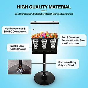 IRONWALLS Commercial Candy Vending Machine with Stand, Black Capsule Toy Gumball Vending Machine for Business, 25 Cent Coin Operated Metal Candy Dispenser Machine with 3 Canisters for Store, Park