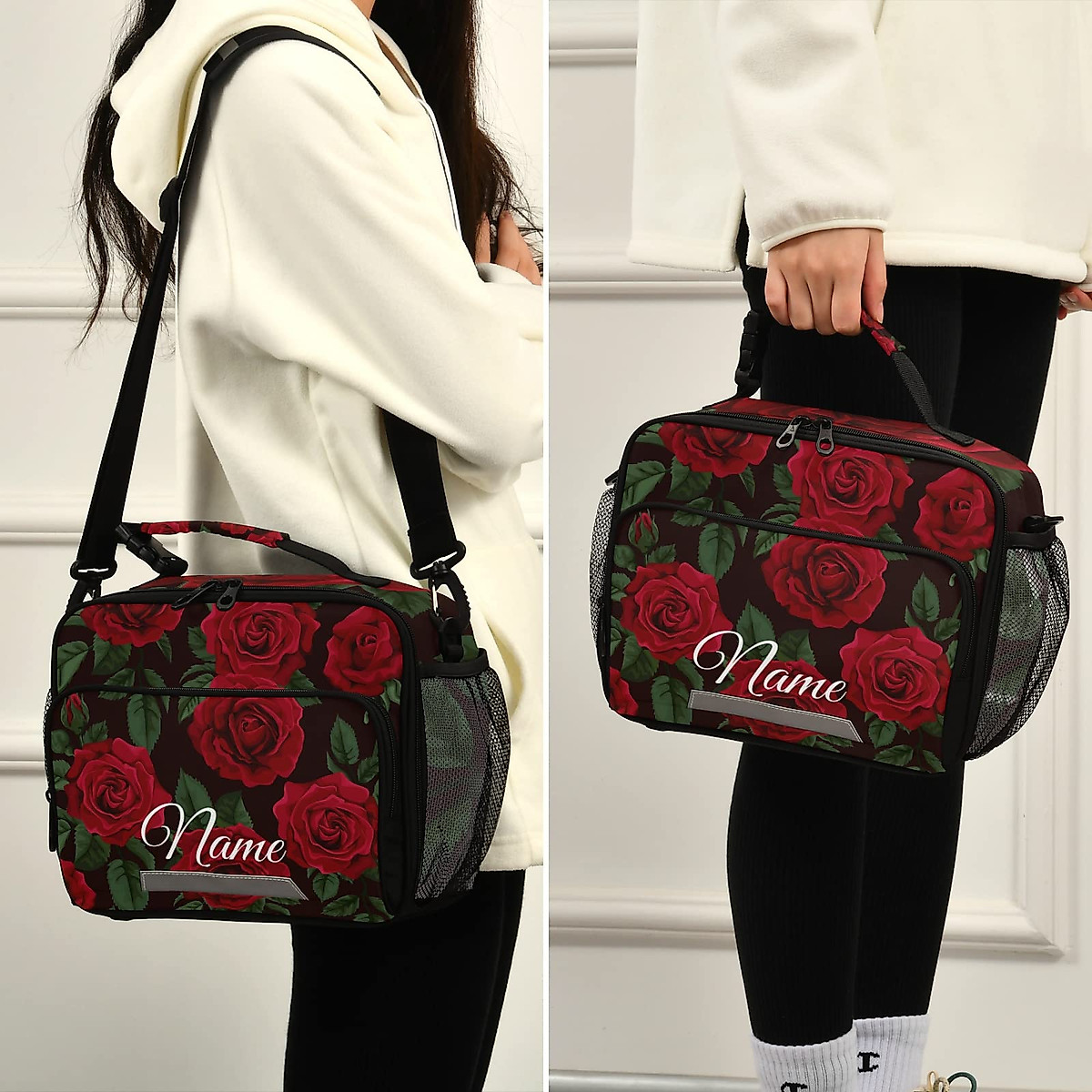 Glaphy Custom Red Rose Flower Lunch Bag for Boys Kids, Personalized Your Name Lunch Tote Bags Insulated Lunch Box for Office Work School Picnic