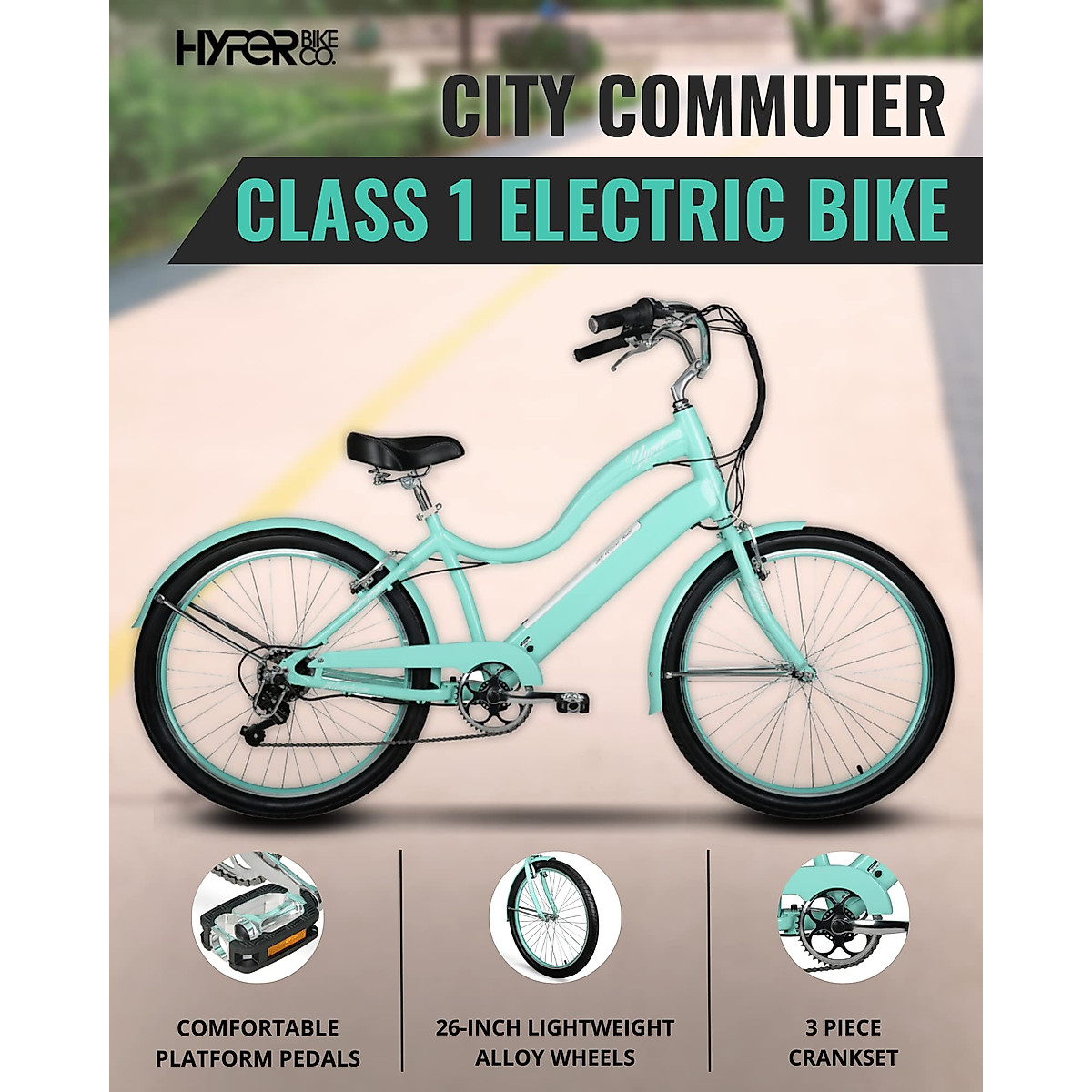 Hyper Bicycles E-Ride 26" Ladies 36V Electric Cruiser E-Bike with Pedal-Assist, 250W Motor, Turquoise