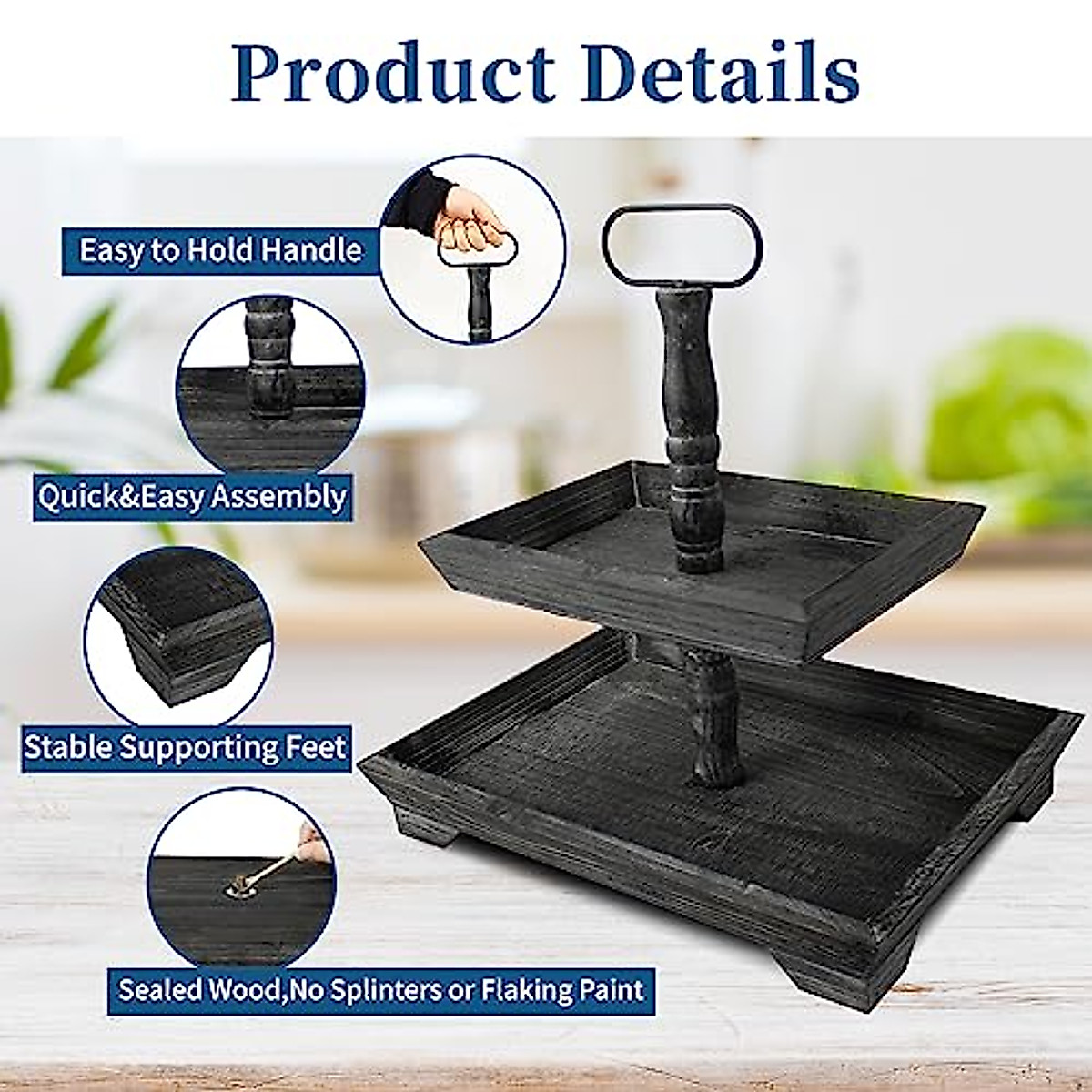 Tiered Tray Decor 2 Tier Wooden Tray Stand Decorative Serving with Metal Handle Farmhouse Two Tiered Tray-Rustic Rectangular Tiered Tray Tiered for Kitchen Table Decor Serving Tier Tray Decoration