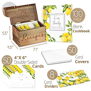 Recipe Box With Cards And Dividers - 50 4x6 Lemon Recipe Cards, Covers & Personalized DIY Book - Large 5x7 Acacia Wooden Recipe Card Holder Set - Engraved Farmhouse Wood Boxes & Organizer for Recipes