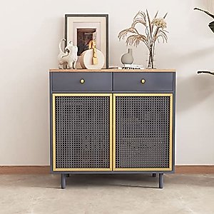 ORRD Modern Buffet Sideboard Cabinet, Iron Rattan Kitchen Accent Storage Cabinet Console Television Table with 2 Doors and 2 Drawers, Buffet Cabinet Accent Cabinet for Living Room Bedroom (Blue)