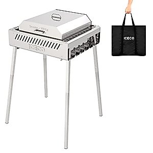 ICECO HG72S Portable Charcoal Grill and Smoker, Height-Adjust BBQ Camping Grill With Lid, Folding Yakitori Grill, Stainless Steel Tabletop Grill Pizza Oven with Carrying Bag for Patio Backyard Outdoor