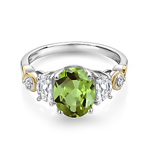 Gem Stone King 925 Silver and 10K Yellow Gold Oval Green Peridot White Moissanite and Lab Grown Diamond 3-Stone Wedding Engagement Ring (2.60 Cttw, Available In Size 5, 6, 7, 8, 9)