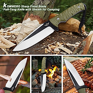 KOMWERO Fixed Blade Knife with Kydex Sheath, 4.52" Blade D2 Steel, Full Tang Knife with Green G10 Handle, Outdoor Hunting Camping Knife for Survival Hiking Bushcraft Fishing