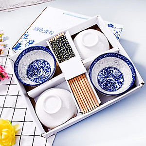 Chinese Bowls and Chopsticks Set of 4 for Rice Soup, Ceramic Rice Bowls, Blue and White Porcelain Cereal Bowls with Delicate Box As a Gift