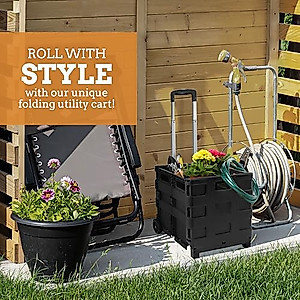 Inspired Living Ultra-Slim Rolling Collapsible Storage Pack-N-Roll Utility-carts, with Telescopic Handle, for Home, Garden, Shopping, Office, School use, Medium, Black