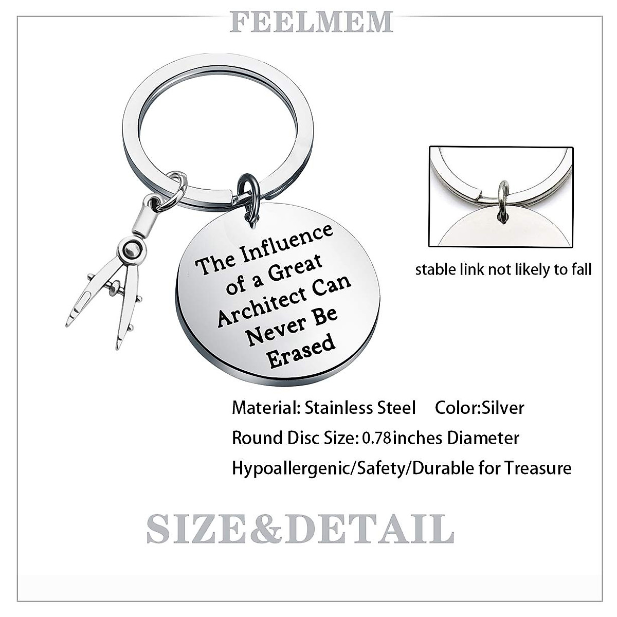 FEELMEM Architecture Keychain Architect Gift Architectural Engineer Appreciation Keychain The Influence of A Great Architect Can Never Be Erased Jewelry for Architect Engineers (silver)
