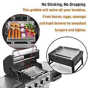 Flat Top Grill, Griddle for Gas Grill 24"x16" with Removable Grease Tray, Stove Top Griddle Even Heat Distribution, Stainless Steel Griddle Grill with Retractable Stand Accommodates Different Grill