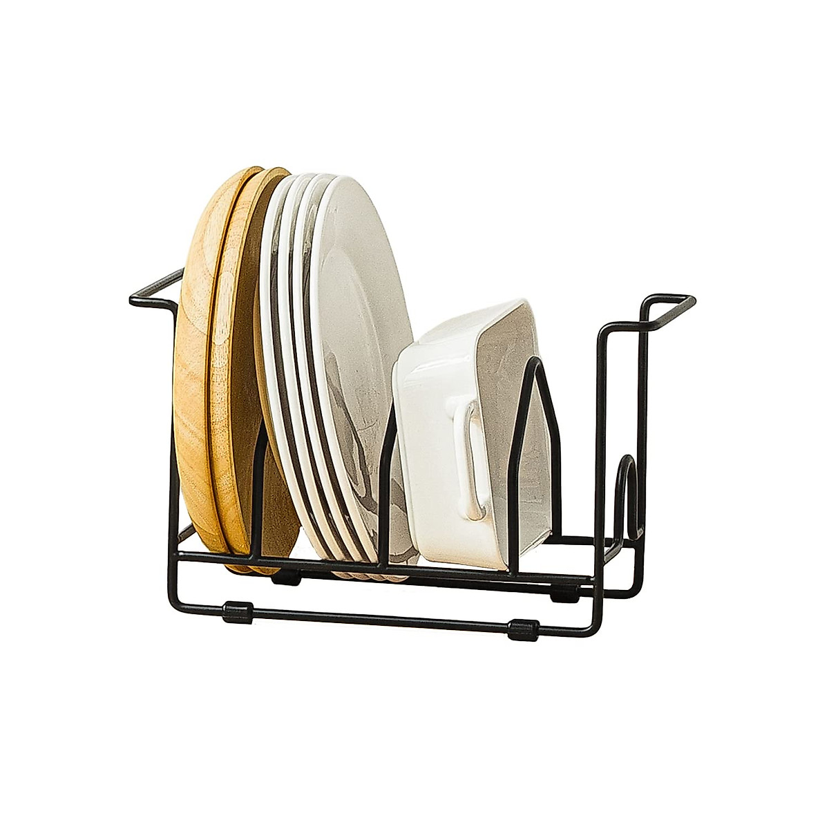 MORNITE Pots Pans Plates Organizer for Cabinet Kitchen, Bakeware Pan Pot Lid Holder Rack, Cutting Boards Pantry Tray Rack Cabinet Holder Dish Rack Black