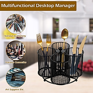 Metal Utensil Caddy 360 Degree Rotating Cutlery Holder 4 Compartment Flatware Storage Basket Portable Multipurpose Countertop Silverware Organizer for Kitchen Picnic Camping Outdoor(16*16*14cm,black)