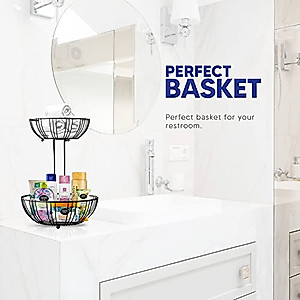 RICCLE Fruit Basket For Kitchen Counter - 2 Tier Fruit Basket With Banana Hanger - Double Layer Metal Wire Fruit Bowl For Kitchen Countertop - Two Tiered Fruit Holder For Produce, Vegetables, Kitchen