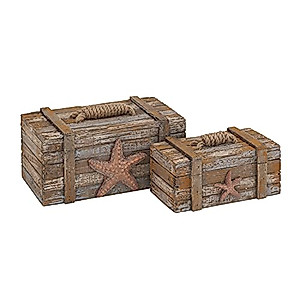 Deco 79 Wood Starfish Handmade Distressed Box with Knotted Rope Details, Set of 2 10", 7"W, Brown