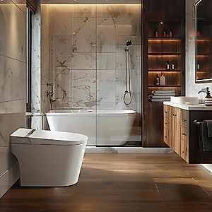 Smart Toilet with Build in Bidet, One Piece Tankless Toilet Elongated with Bidet and Dryer, Intelligent Toilet Electric with Auto Lid Open/Close, Heated Seat, Kick Flush, Night Light, LED Display