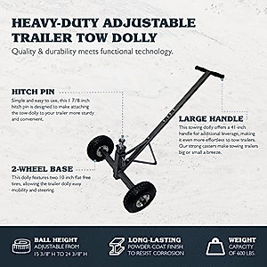 Tow Tuff TMD-600AFF Heavy Duty Solid Steel 600 Pound Capacity Trailer Dolly with Adjustable Hitch Ball Height and 10 Inch Flat Free Tires,Black,600 lb Capacity/2 Wheels