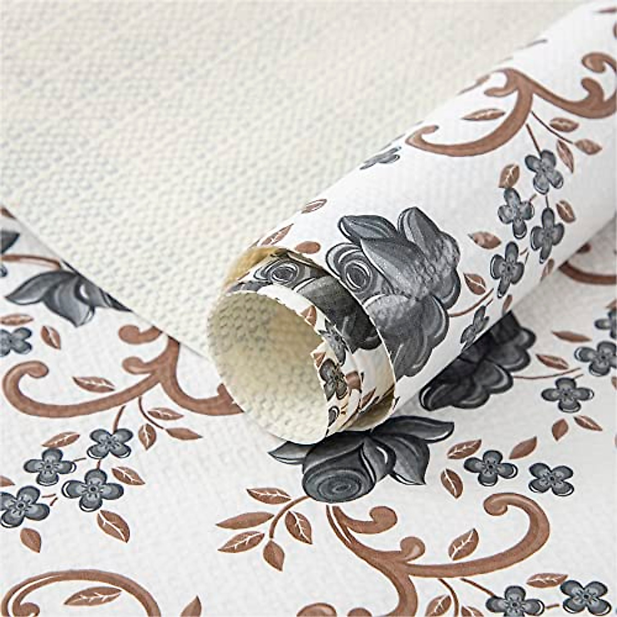 FIFTY-FEET 18X96 Inch Shelf Liner for Kitchen Cabinets, PVC Drawer Liner for Dresser Non-Slip Bathroom, Non-Adhesive Cabinet Liner Washable (Black Floral)(1 Roll)