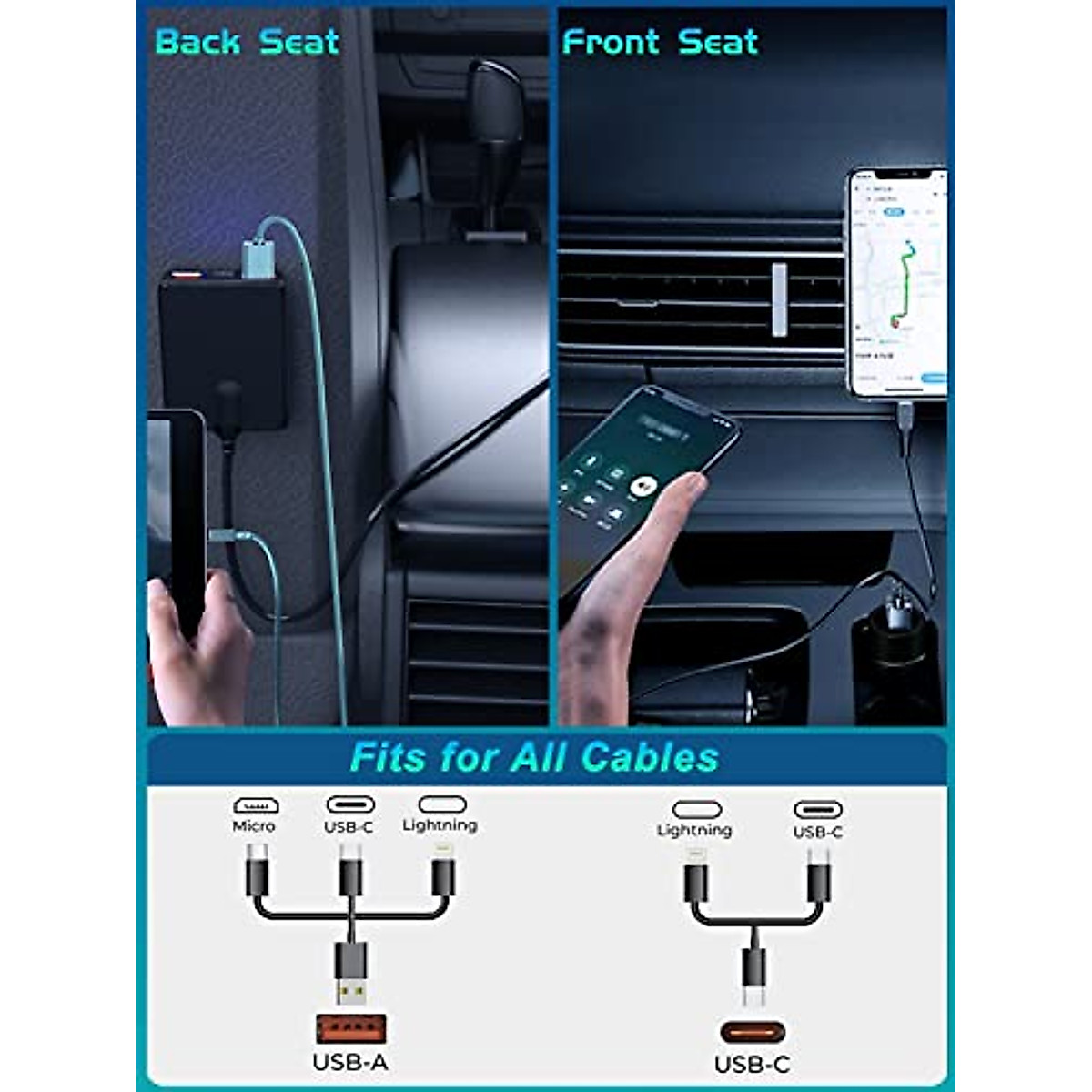 Car Charger USB C, 74W Fast USB Car Charger Adapter with PD 3.0/QC3.0 Type C Car USB Charger Multi Port with 6.3FT Cable for Front & Back Seat Fast Charging Compatible with iPhone, Samsung, IPad ect