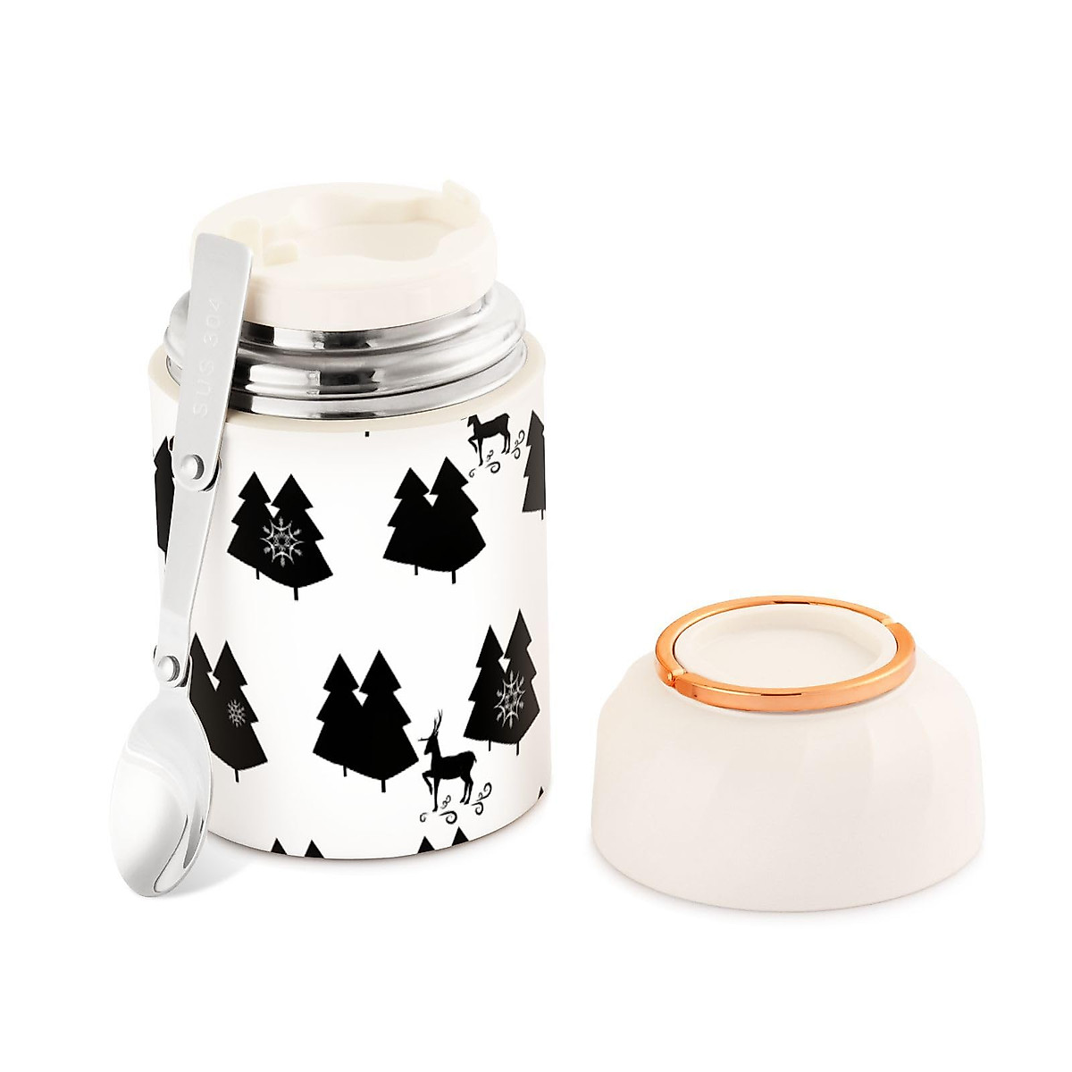 JUNZAN Black Christmas Tree Deer Kids Womens Insulated Food Jar Containers with Spoon 17oz/500ml Containers To Keep Food Hot Stainless Steel Vacuum Food Warmer Thermo Container for Hot/Cold Food