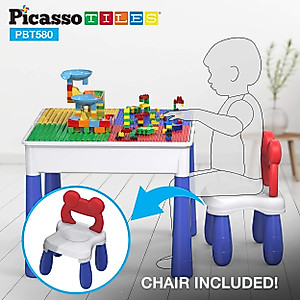 PicassoTiles Kids Multi Activity Table, Storage Bin & Chair Set Combo, 581 PCs Building Block with Marble Run Play Table Compatible with Building Bricks Blocks STEM Toy for Boys & Girls Ages 3+