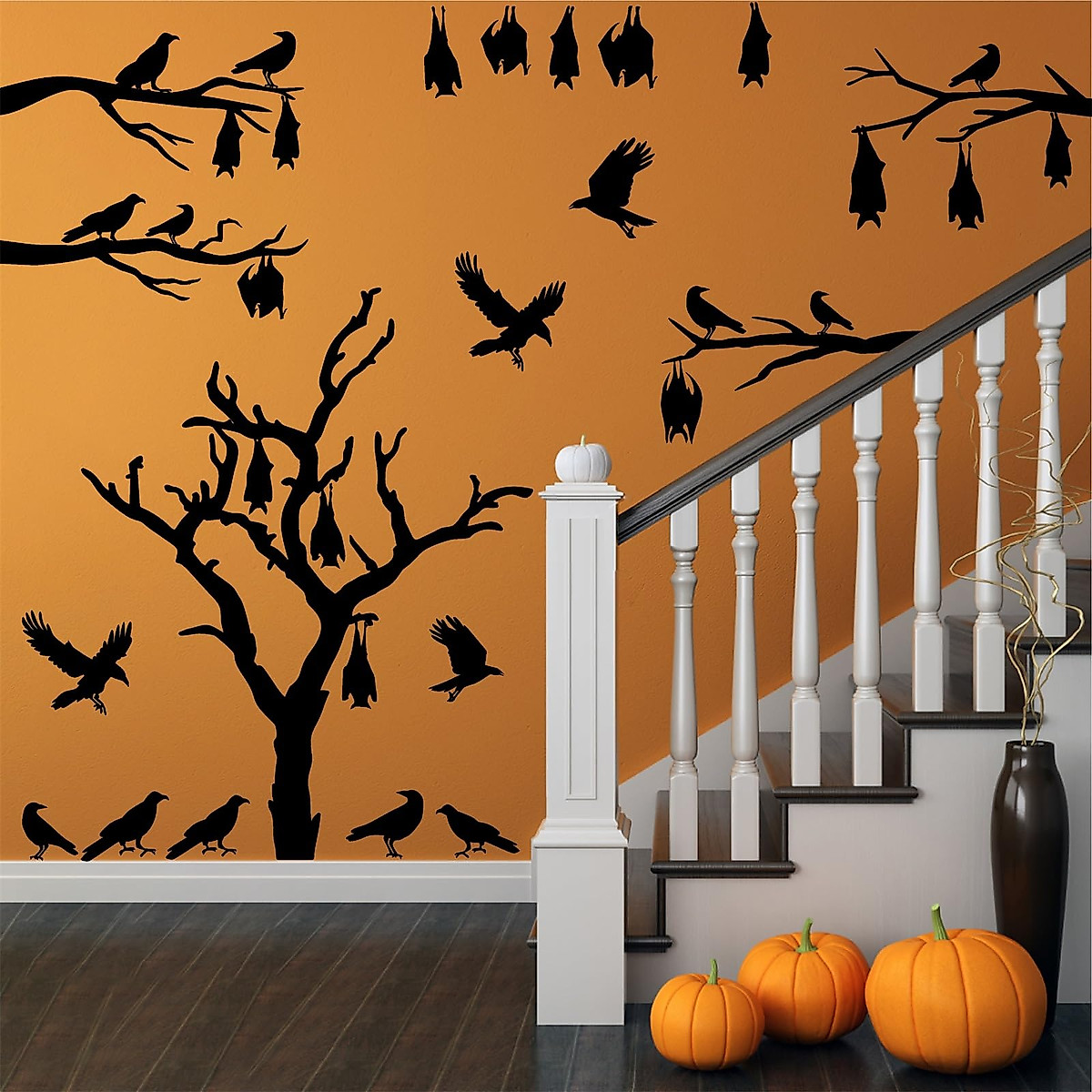 Large Halloween Window Stickers Halloween Tree Wall Decals Bats Stickers Black Bird Crow Decals Peel and Stick Vinyl Halloween Tree Branch Wall Art Sticker Halloween Wall Decor for Party Supplies Gift