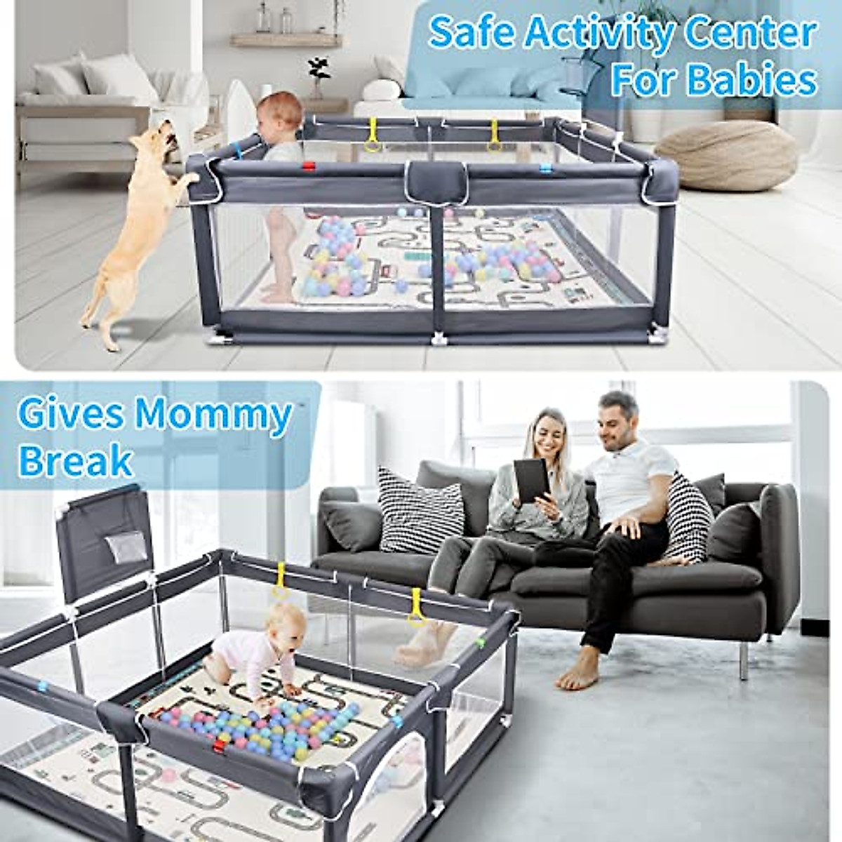 Baby Playpen with Mat Included, 60" x 60" Large Baby Playpen with 100 Ocean Balls, Indoor/Outdoor Playpen, Sturdy Design with Gates, Play Pin, Baby Play Area with New Upgraded Steel Tube