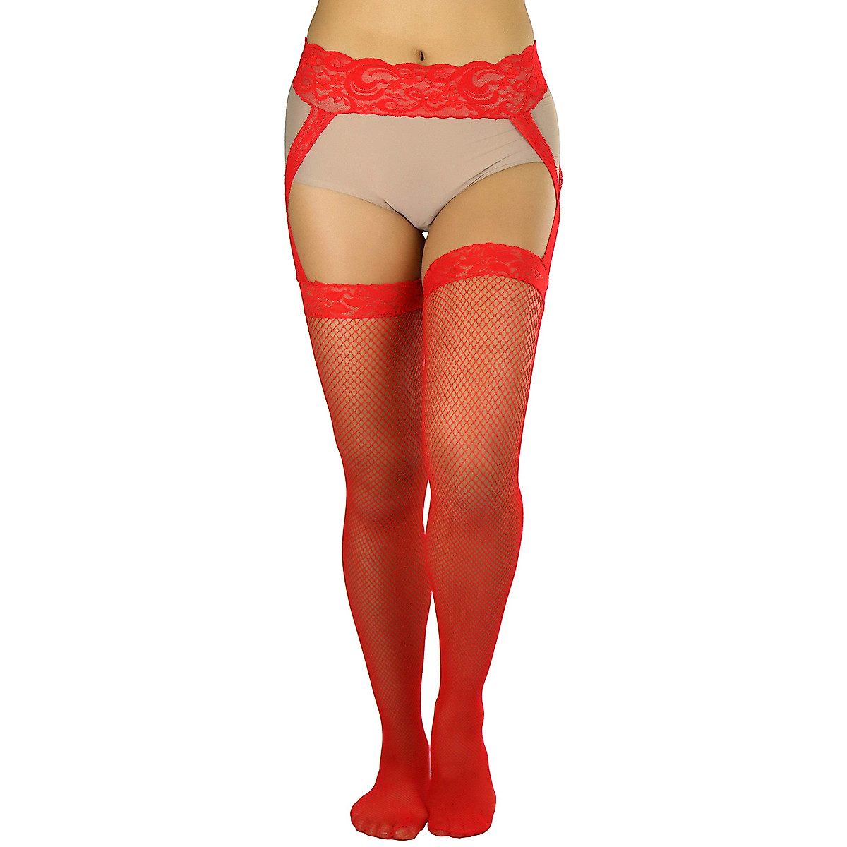 ToBeInStyle Women’s Flirtatious Hip Criss Cross Lace Fishnet Garter Belt Stockings - - Red (Queen)