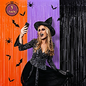 Mega-L Halloween Foil Fringe Curtains, 3 Pack Orange Purple Black Photo Booth Props, 18 Pcs PVC Bat and Spider Stickers Decals Wall Decor, Halloween Backdrop for Halloween Party Decoration