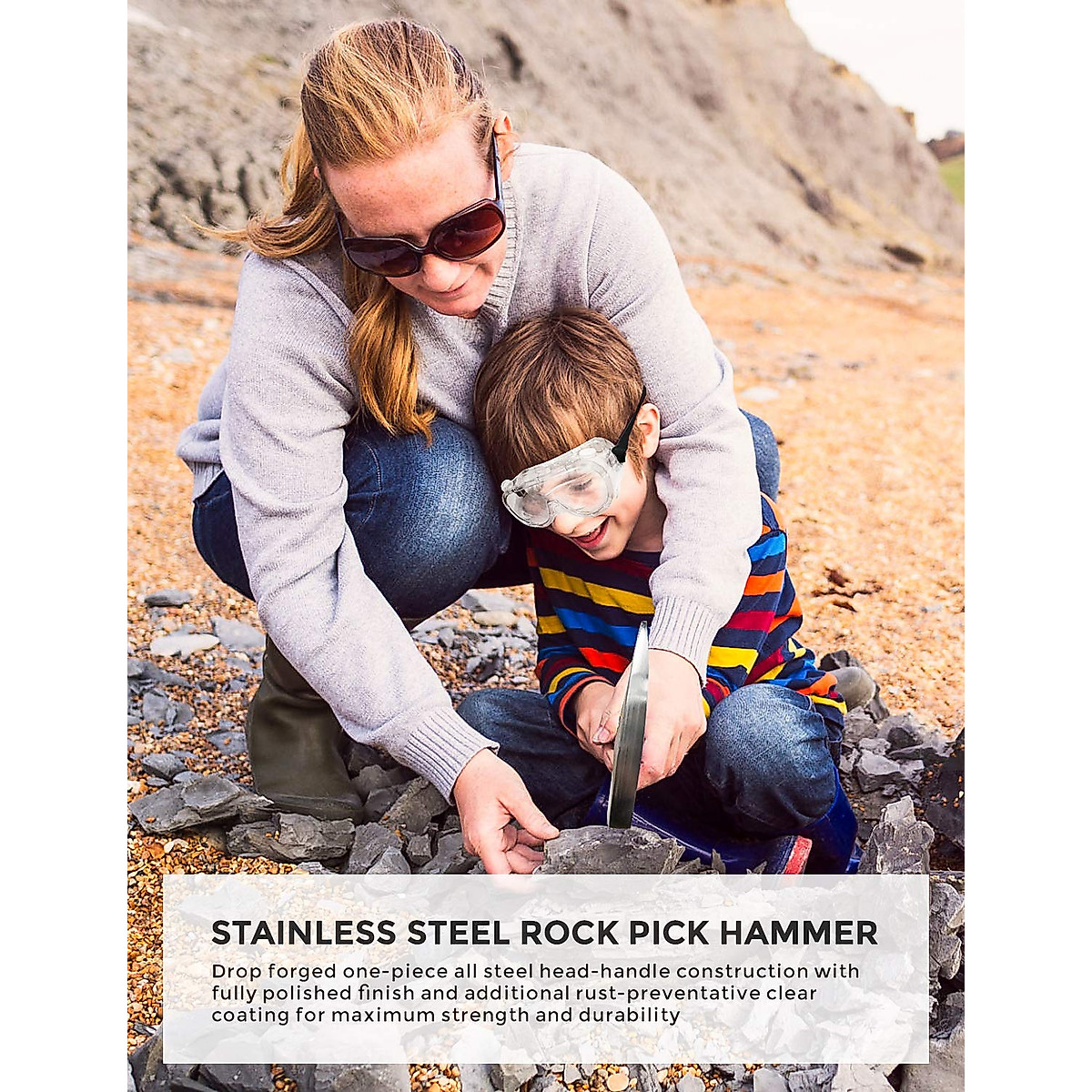 INCLY 15 PCS Geology Rock Pick Hammer Kit, 32oz Hammer & 3 PCS Digging Chisels Set for Rock Hounding, Gold Mining & Prospecting Equipment Tool Gear Shovel Musette Bag, Compass, Whistle, Wooden Chisel