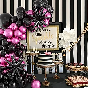 Hot Pink and Black Balloon Arch Kit, 5 10 18 Inch Birthday Party Balloons, Metallic Magenta Black Garland Kit with 2 Black Explosion Star Balloons, DIY Balloon Arch for Birthday Party Decoration