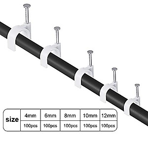 Attmu 500 Pack Cable Clips White Cable Wire Clips ​Management with Steel Nails 4mm 6mm 8mm 10mm 12mm Ethernet Cable Nails Round Cable Wire Tacks for Cat6 Rg6, Rg59, Rj45 Cable, White