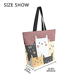 ALAZA Cut Cat Kitten Print Kawaii Large Canvas Tote Bag Shopping Shoulder Handbag with Small Zippered Pocket