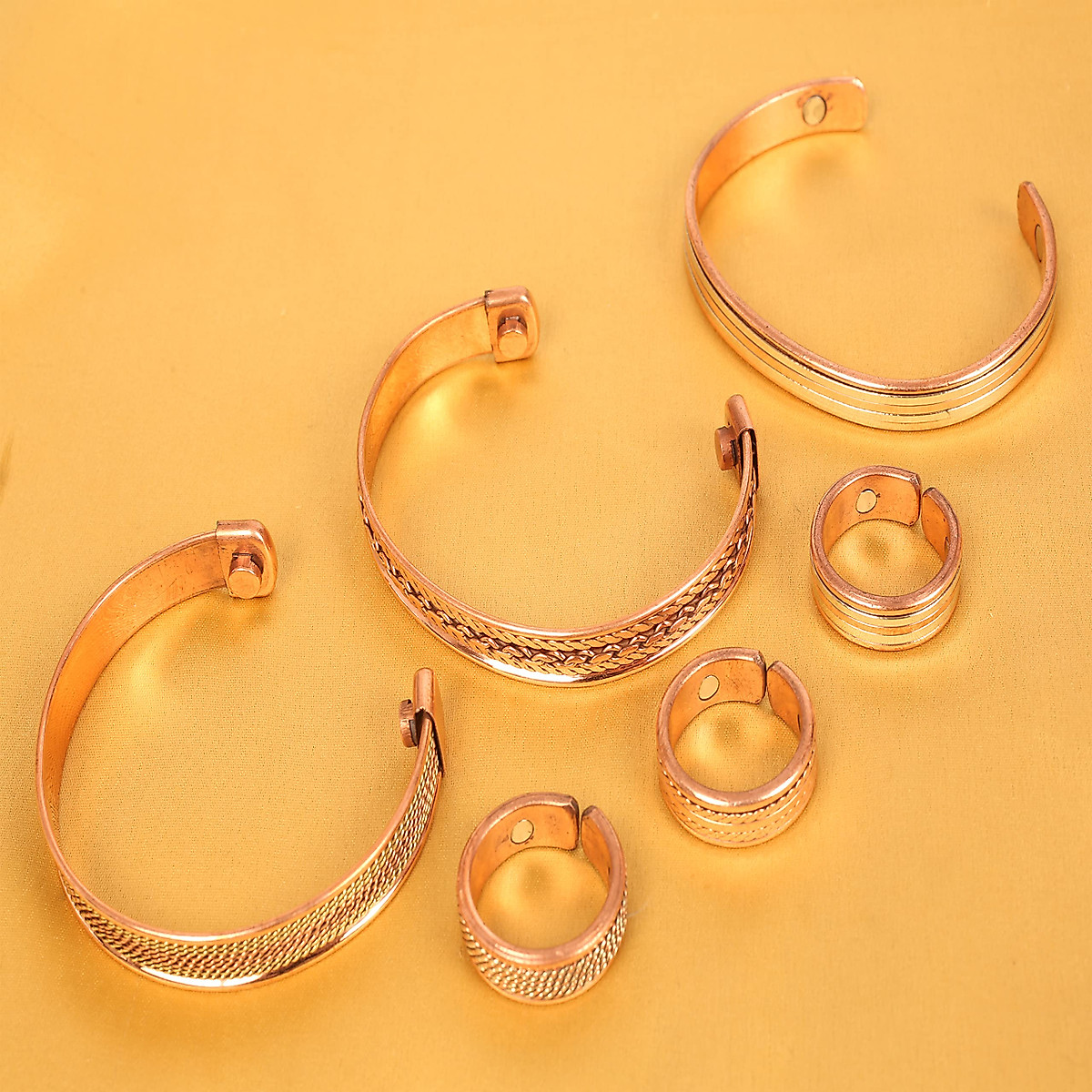 Touchstone Handcrafted Copper Magnetic Hand Forged with Solid and High Gauge Spiral Wire Braided Minimalistic 3 Bracelets and Matching Finger Combo in Two Tones for All