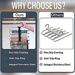 {Upgraded} Space Saving Magic Pants Hangers Multi-Layers (Pack of 2) for Men and Women. Multifunctional Use for Pants Scarves Skirts and Ties - Non-Slip Hangers with 5 Tiers for Closet Organizer