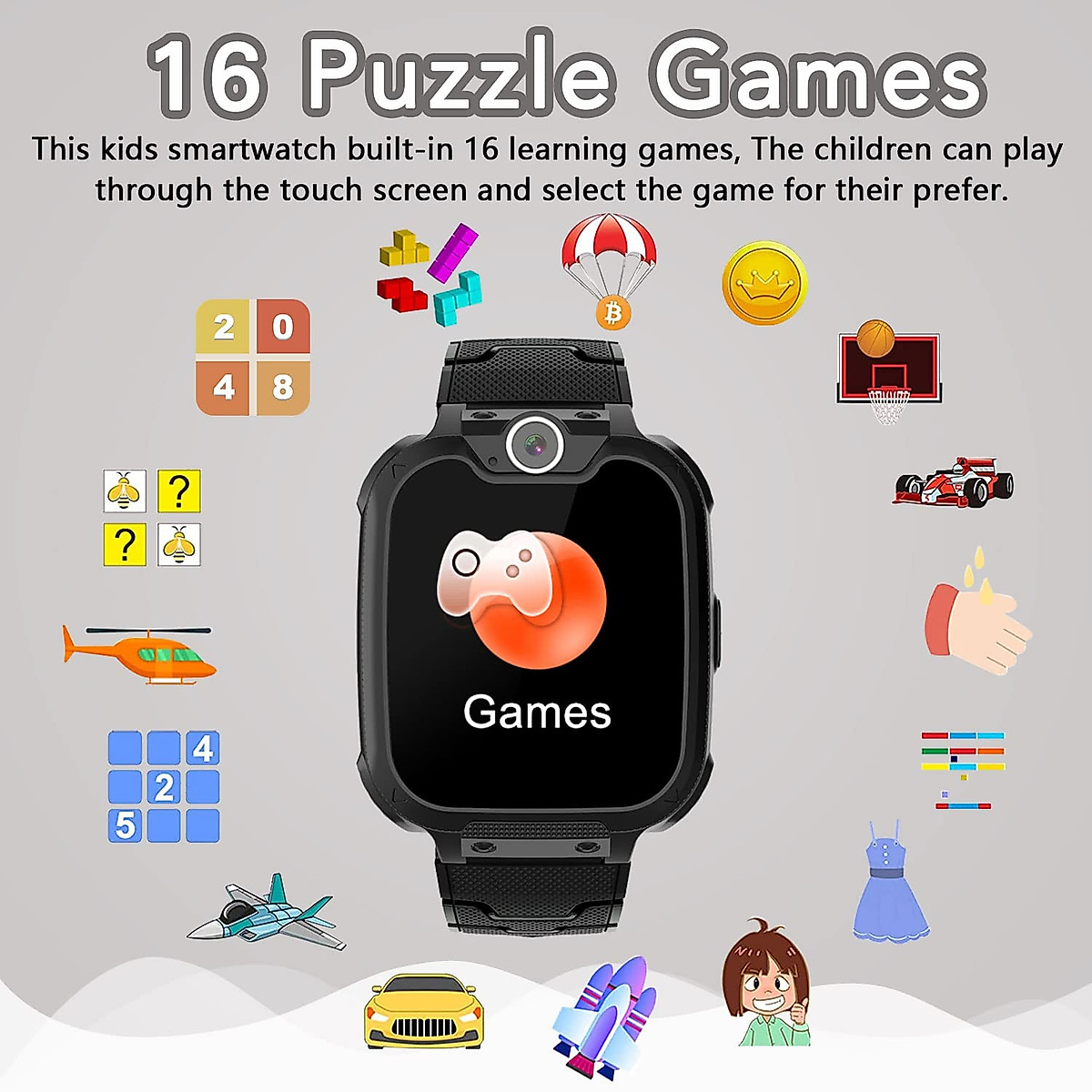 GOOWJUER Kids Smart Watch for Boys Girls - HD Touch Screen Sports Smart Watch for 4-12 Years Kids Watches with Camera 16 Learning Games Recorder Alarm Music Player for Children Teen Students (Black)