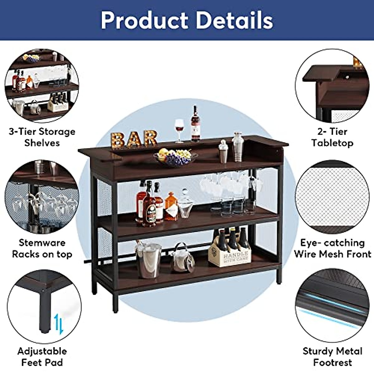 Tribesigns Industrial Home Bar Unit, 3 Tier Liquor Bar Table with Stemware Rack and Wine Storage Display Shelf, Mini Bar Cabinet with Glass Holder Footrest and Mesh Front