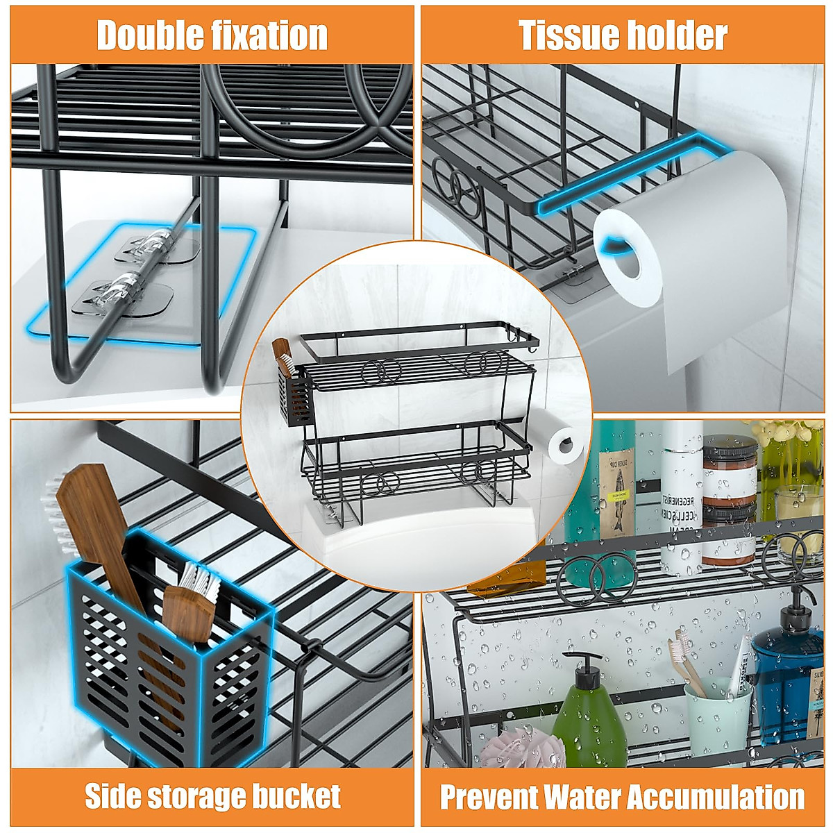 FOYKUED Over The Toilet Storage Shelf, 2-Tier No Drilling Small Bathroom Shelves Over Toilet with Storage Basket/Paper Holder/Hooks (Cast Iron, Matte, Black, 1 Pc)