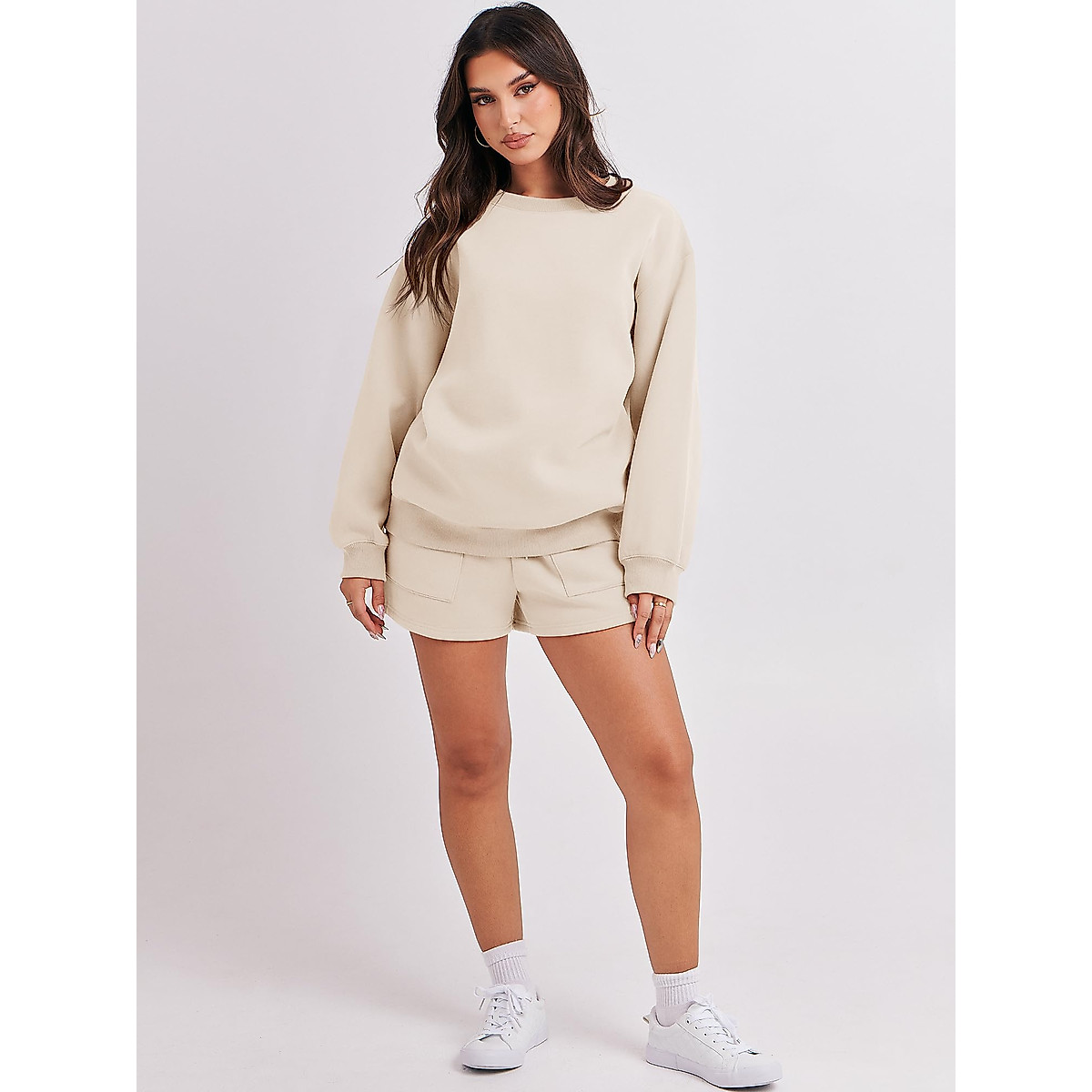 ANRABESS Women 2 Piece Outfits Sweat Shorts Sets 2025 Oversized Casual Lounge Matching Set Sweatsuit Tracksuit Clothes Apricot Small