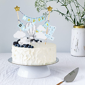 Kawailay 1st Boy Birthday Cake Topper Set Glitter Happy Birthday Cake Banner Flag First Birthday Cake Topper with Hot Air Balloon Clouds Stars for Baby Shower Boy s Birthday Party Supplies - Blue