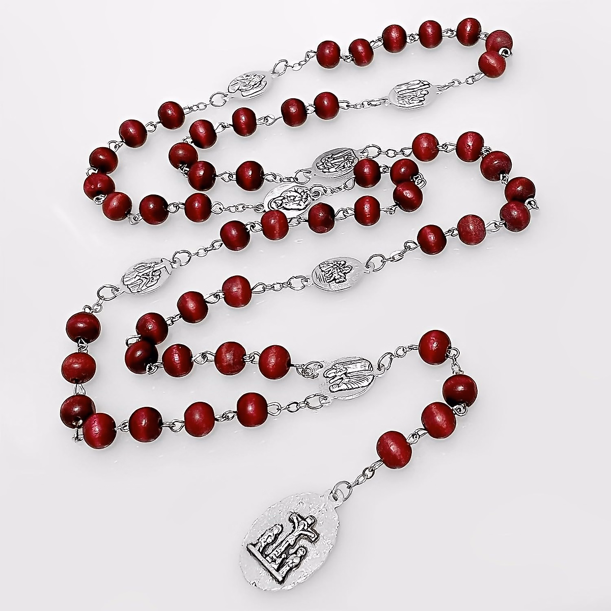 lulucross Seven Sorrows of Mary Rosary Chaplet Rose Scented 7 * 8mm Wooden Beads Catholic Jewelry Necklace for Pray (Red)