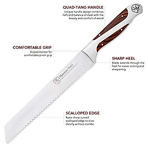 Hammer Stahl 8-Inch Bread Knife - Scallop Serrated Blade - High Carbon German Steel - Ergonomic Quad-Tang Pakkawood Handle