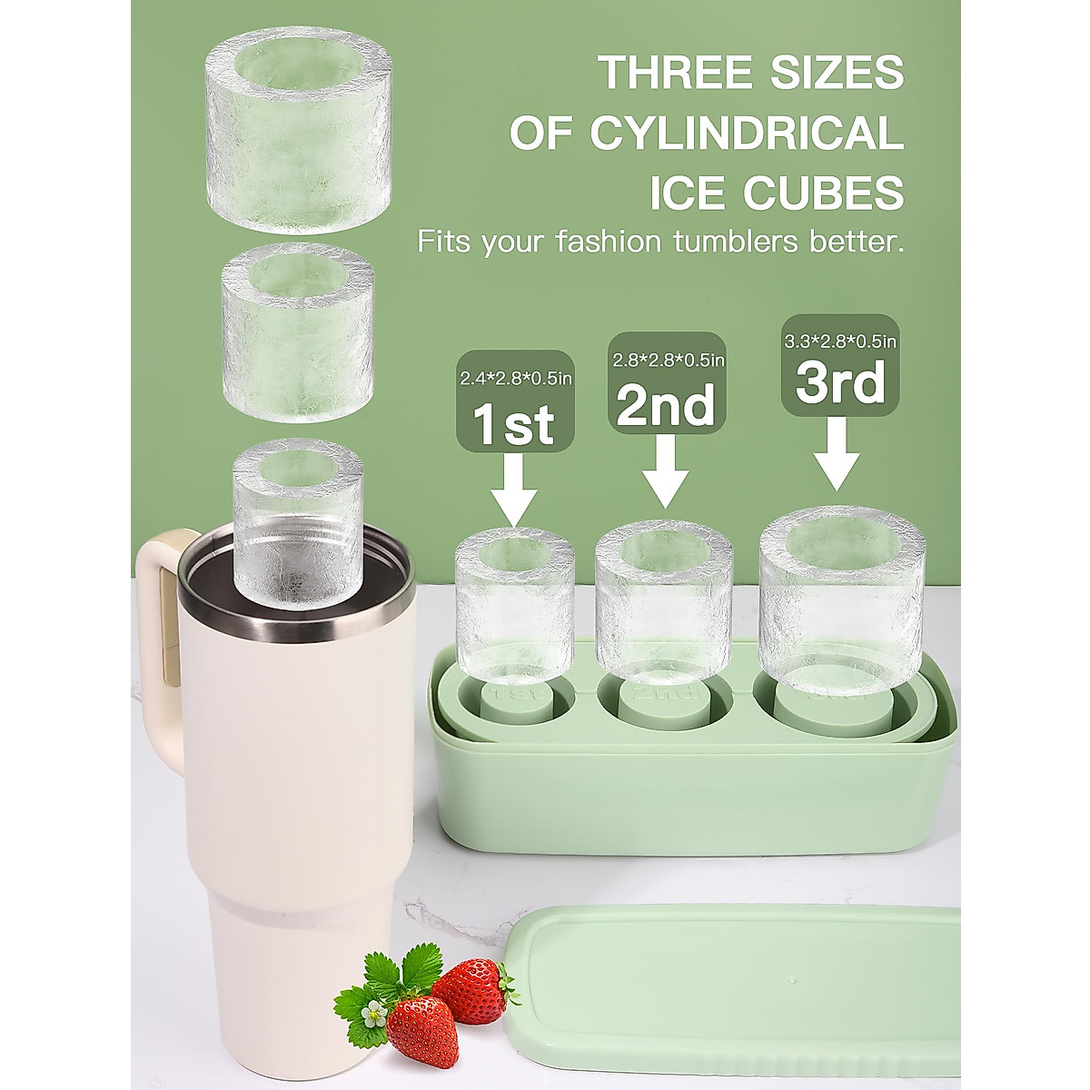 Ice Cube Tray for Tumbler Cup 30Oz-40Oz, 3 Pcs Silicone Cylinder Ice Mold with Lid and Bin for Freezer, Easy Fill and Release Ice Maker for Whiskey, Cocktail BPA-Free(Green, 40 Oz)