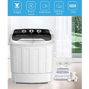 Clothes Washing Machines,SAFEPLUS Compact Mini Twin Tub Versatile Washer Machine with 8 lbs Washing &5 lbs Spin Dryer Load Cappacity Gravity Drain Pump and Drain Hose for Apartment Black