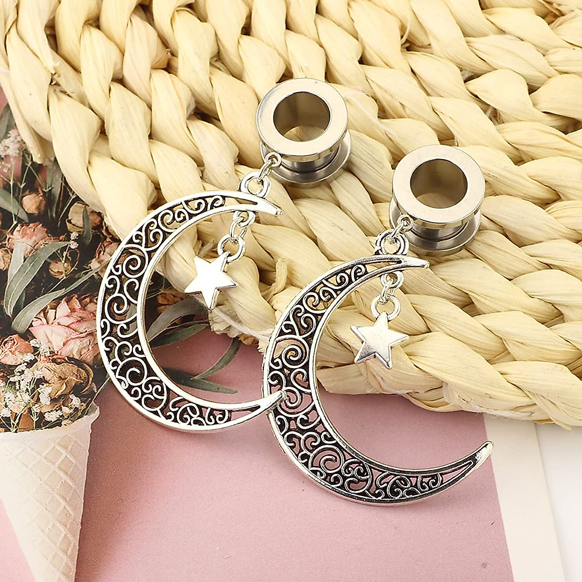 TIANCI FBYJS 3 Pairs Stainless Steel Dangle Ear Plugs Tunnels Gauges Stretcher Piercings 2g-0g-00g Earrings for Women Men (8mm=0g)