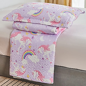 Girls Quilt Bedding Twin Size Bedspread Unicorn Bedding Kids Quilt Bedspread Twin Quilts Girls Bed Set Lightweight Reversible Quilt Girls Bedspread Coverlet Purple Rainbow Unicorn Animal Quilts