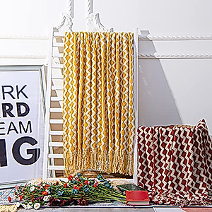 NTBAY Acrylic Knitted Throw Blanket, Lightweight and Soft Cozy Decorative Woven Blanket with Tassels for Travel, Couch, Bed, Sofa, 51x67 Inches, Mustard Yellow Wave