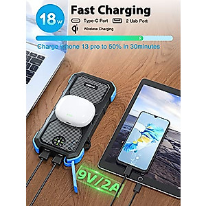 Ryoko Solar Charger Power Bank, 30000mAh Solar Phone Charger with 10W Wireless Charging, Dual USB & Type-C Port, QC 18W Fast Charging Power Bank for iPhone, Samsung, Tablet