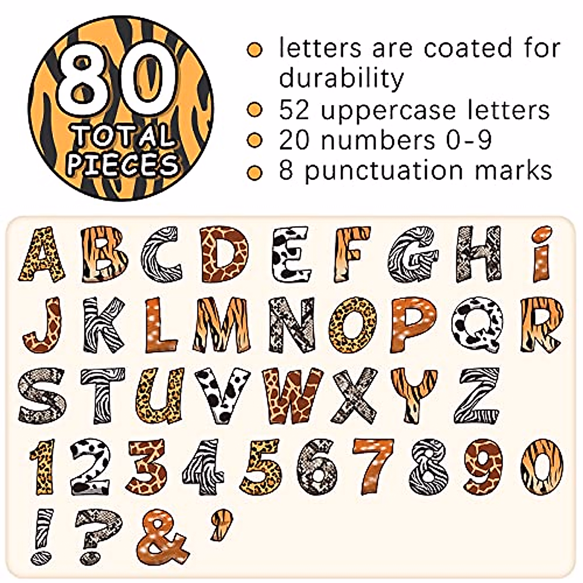 Animal Prints Letters Cutout Animal Letter and Number Accents Animal Texture Letters Wall Decors with 60 Glue Point Dots for Kids Nursery School Classroom (40 Sheets)