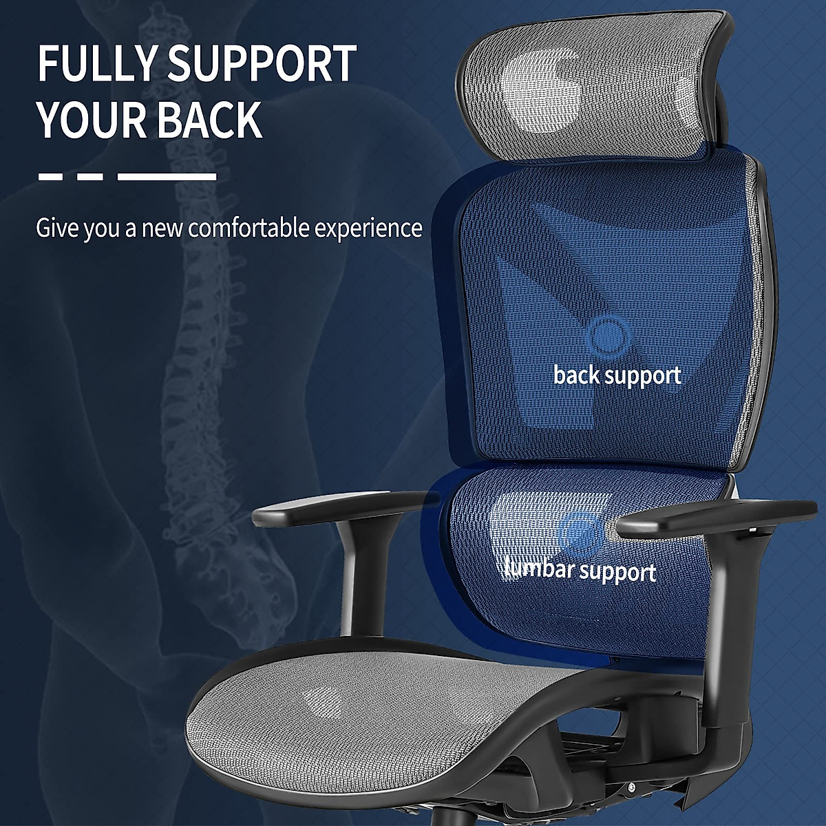 GABRYLLY Office Chair, Large Ergonomic Desk, High Back Computer Chair with Lumbar Support, 3D Armrest, Breathable Mesh, Adjustable Headrest with Tilt Function, Easy Assembly(Grey)