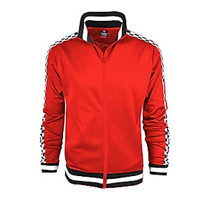 SCREENSHOT-F11854 Mens Urban Hip Hop Premium Track Jacket - Slim Fit Checker Taped Block Fashion Top-Red-Large