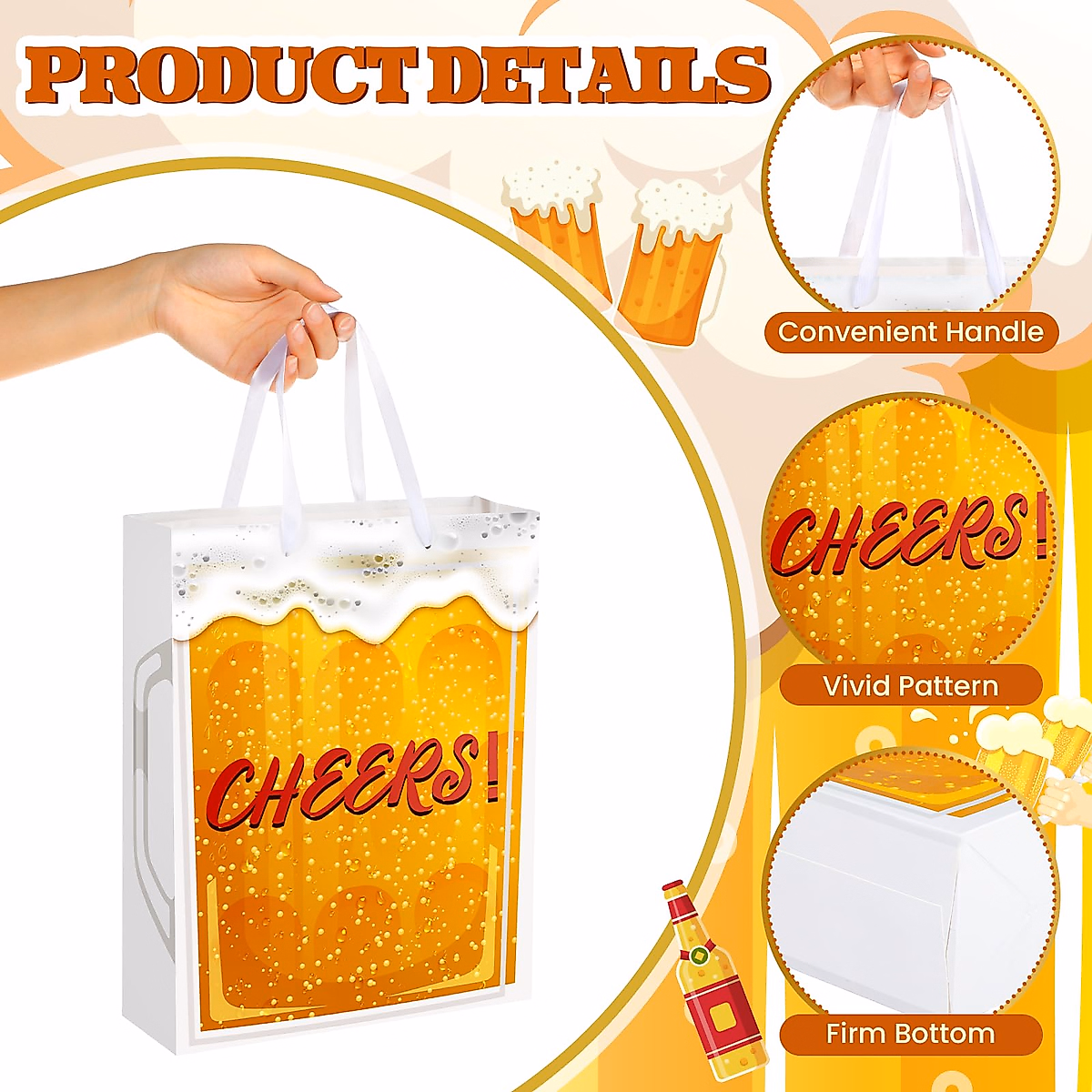 Gold Cheers Gift Bag Beer Mug Gift Wrap Bag with Greeting Card Tissue Paper for Men Women Birthday Christmas New Year Engagement Wedding Father's Day Retirement Graduations Promotions New Jobs